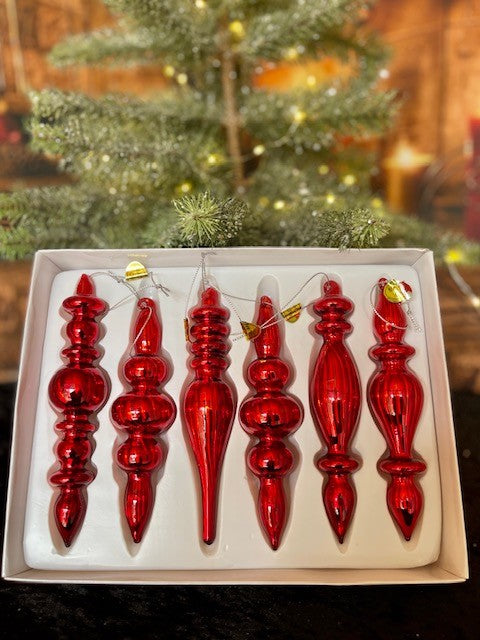 BOX OF 6 RED GLASS FINIAL ORNAMENTS – MAKING SPIRITS BRIGHT